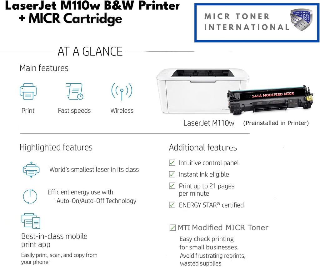 HP M110w LaserJet Check Printer Bundle with 141A Modified OEM MICR Car ...